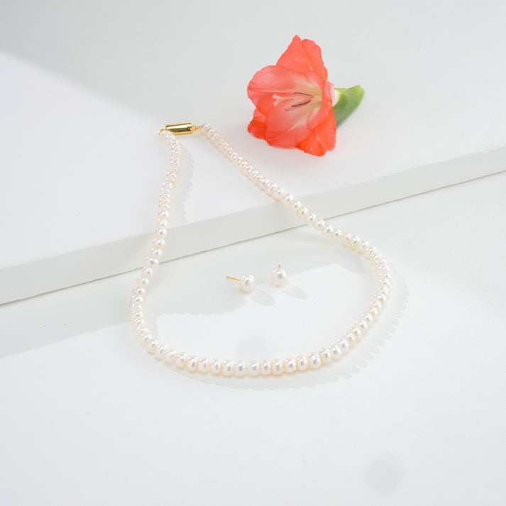 5.0-6.0mm White Button Freshwater Pearl Necklace Set - A Quality ...